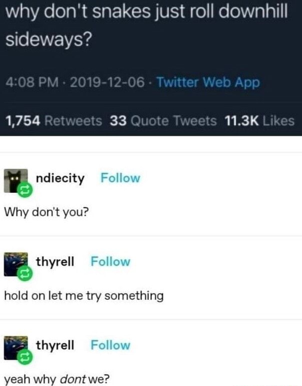 Why don't snakes just roll downhill sideways? 408PM 2019 1206 Twtt App ...