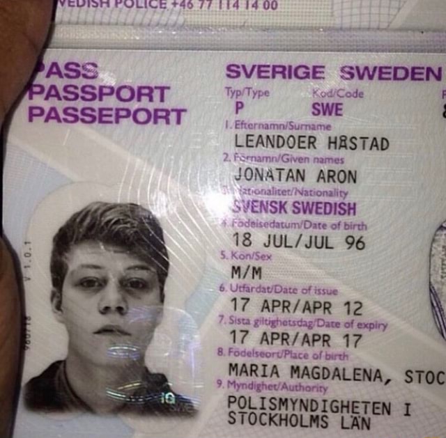 PASSPORT PASSEPORT SWE LEANDOER HRSTAD JONATAN ARON JENSK SWEDISH datun ...