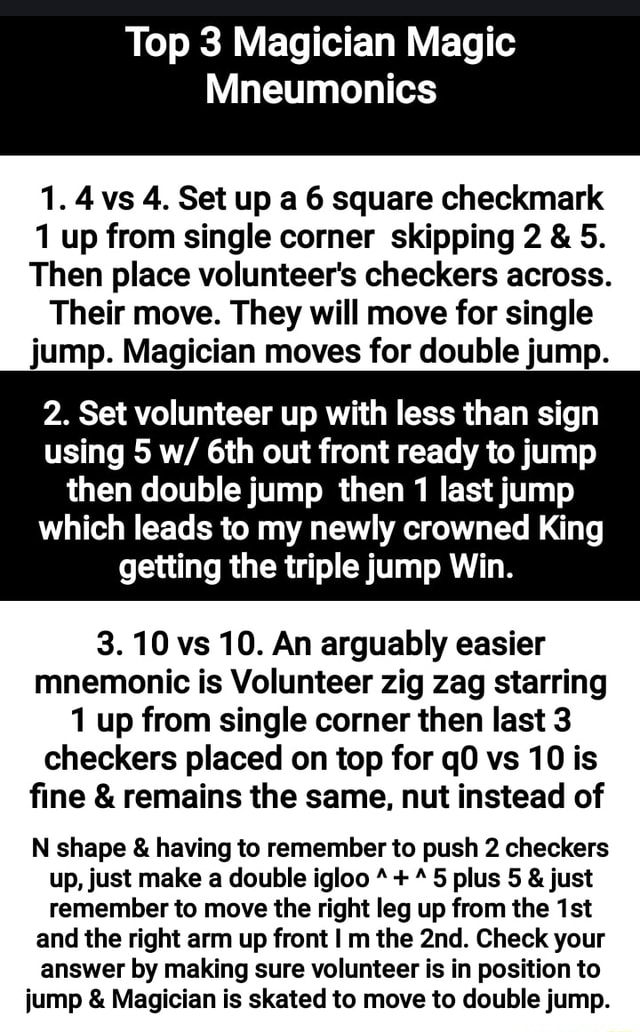 Top 3 Magician Magic Mneumeonics 1. 4 vs 4. Set up a 6 square checkmark ...