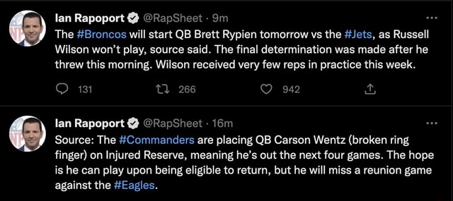Lan Rapoport @ @RapSheet - Sm The #Broncos will start QB Brett Rypien ...