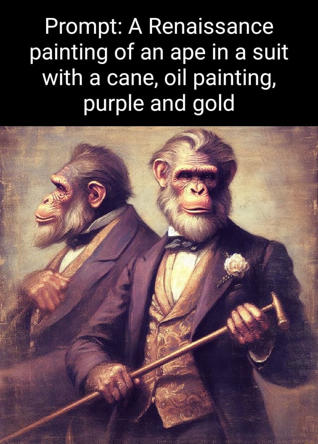 Prompt: A Renaissance painting of an ape ina suit with a cane, oil ...