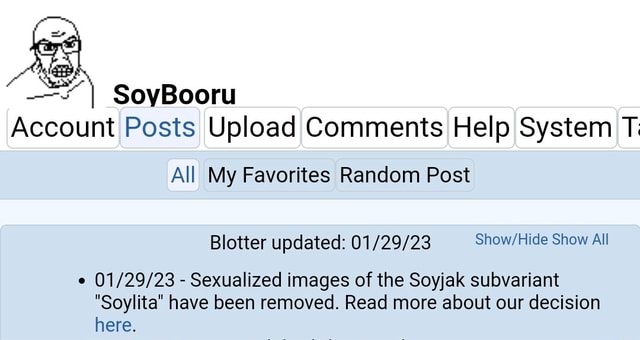 SoyBooru Account Posts Upload Comments Help System T. All My Favorites ...