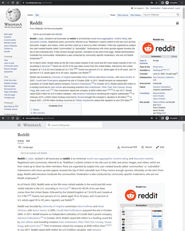 The difference between the normal and the mobile layout of a Wikipedia article (take note of the ...