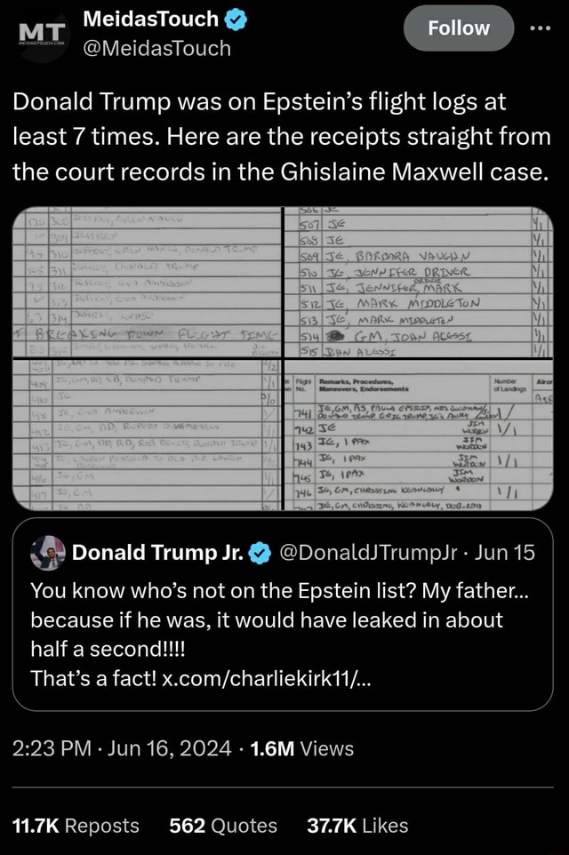 MeidasTouch Follow ) @MeidasTouch Donald Trump was on Epstein's flight ...