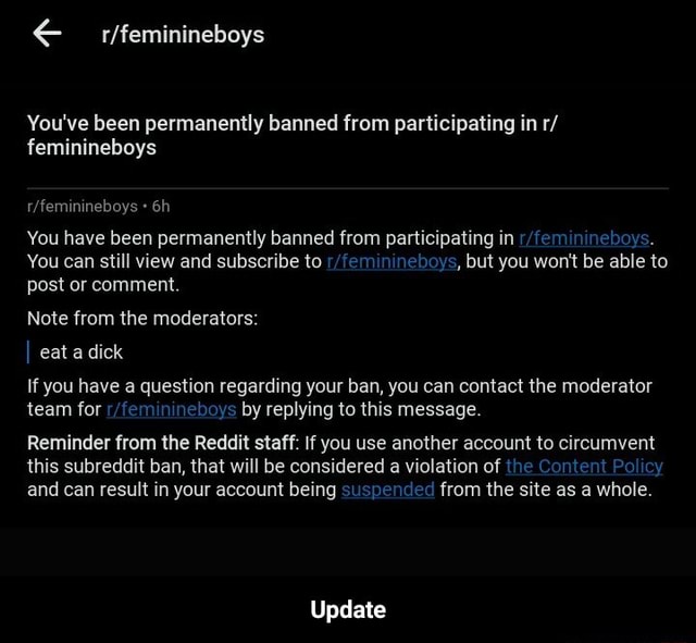 You've been permanently banned from participating in r/ feminineboys ...