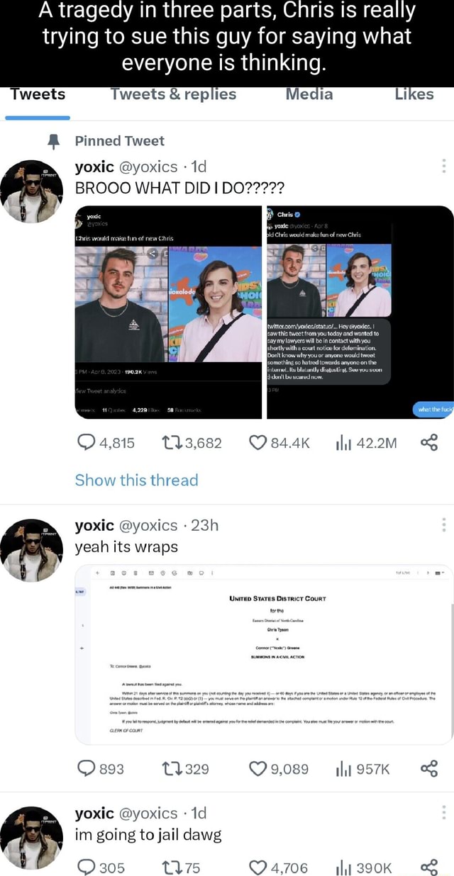 A tragedy in three parts, Chris is really trying to sue this guy for ...