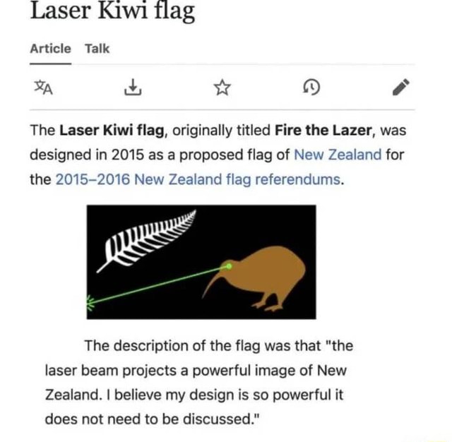 Laser Kiwi flag Article Talk The Laser Kiwi flag, originally titled ...