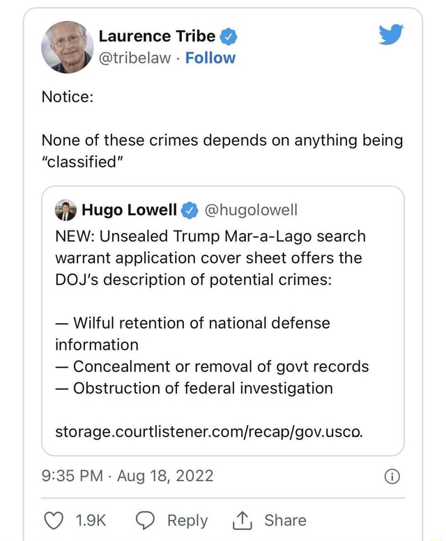 Laurence Tribe @ @tribelaw - Follow Notice: None of these crimes ...