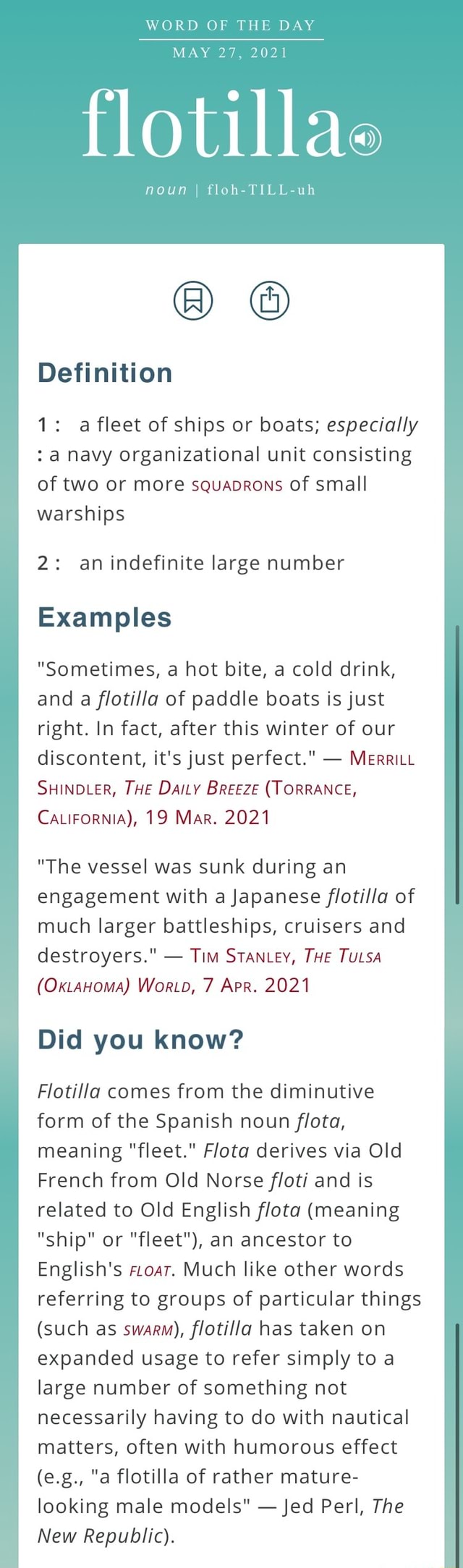 WORD OF THE DAY MAY 27, 2021 flotillas noun I floh-TILL-uh Definition 1 ...