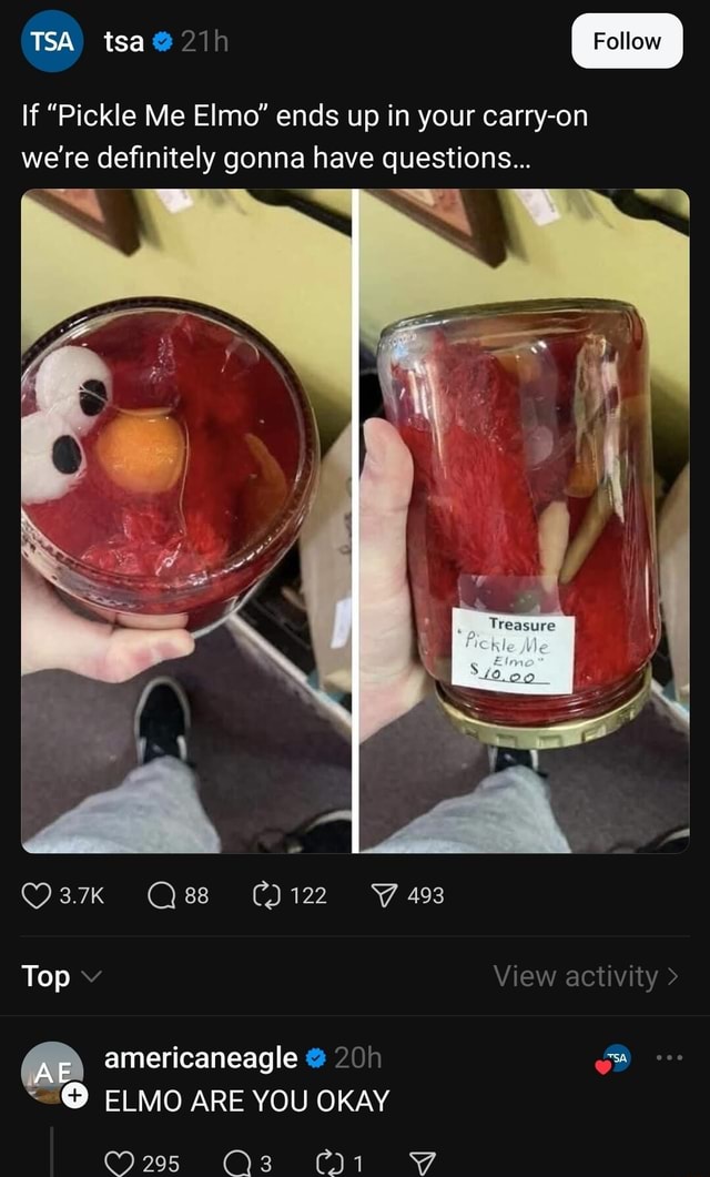 TSA) tsa Follew If "Pickle Me Elmo" ends up in your carry-on we're ...