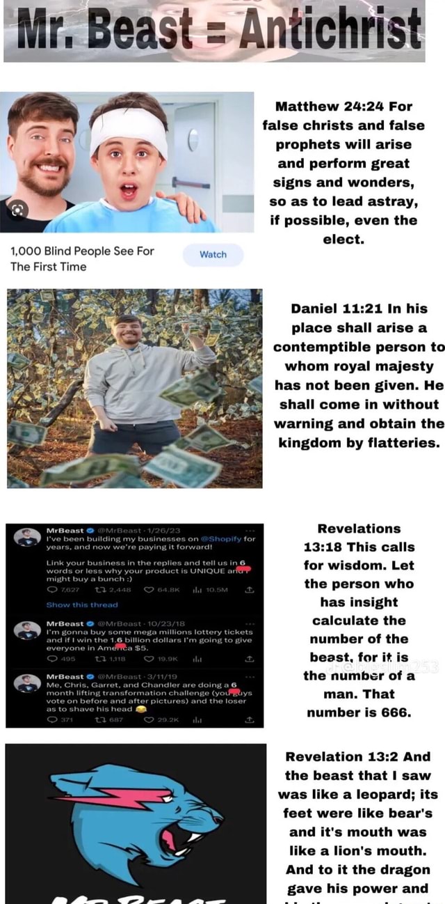 Mr, Beast = Antichrist Matthew For false christs and false prophets ...