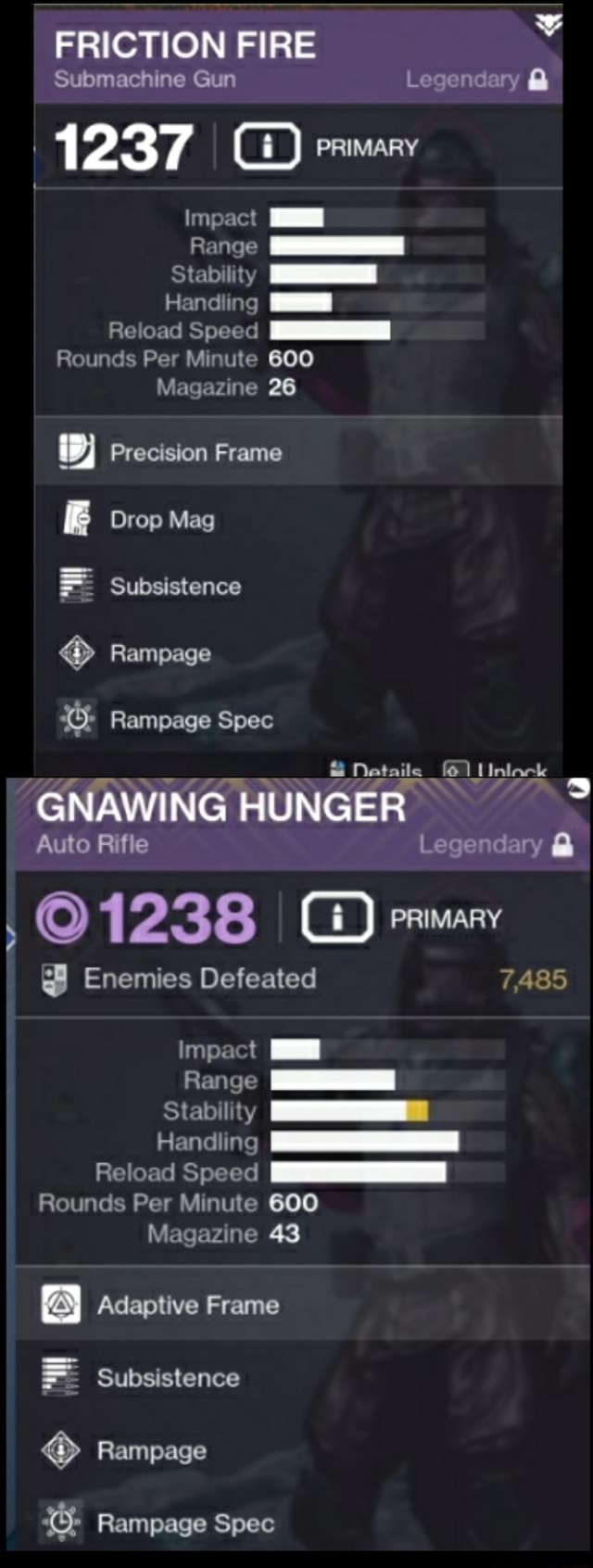 FRICTION FIRE Submachine Gun Legendary @ 1237 G) PRIMARY I Impact Range ...