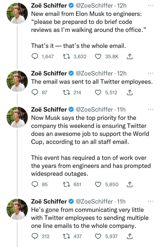 Zo Schiffer @ @ZoeSchiffer - New email from Elon Musk to engineers: "please be prepared to do ...