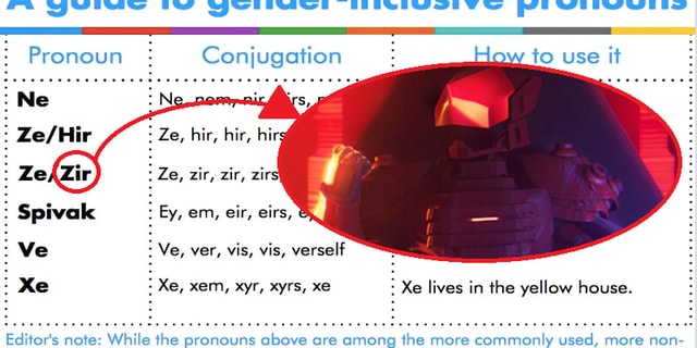 Pronoun : Conjugation Ni hir, Spivak Ey, em, @ir, Ve, var, vis, vis ...