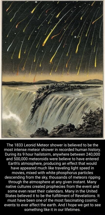 The 1833 Leonid Meteor shower is believed to be the most intense meteor ...