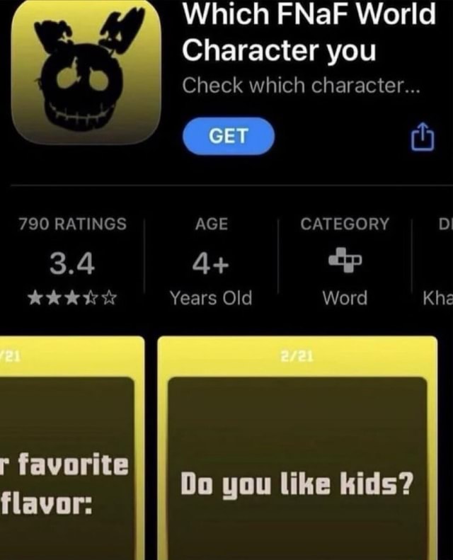 Which FNaF World Character you Check which character... GET 790 RATINGS ...