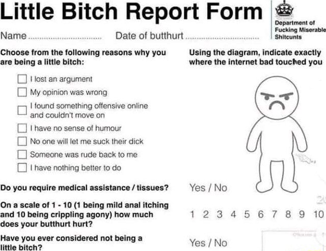 Little Bitch Report Form Name Date of butthurt Shiteunts Choose from ...