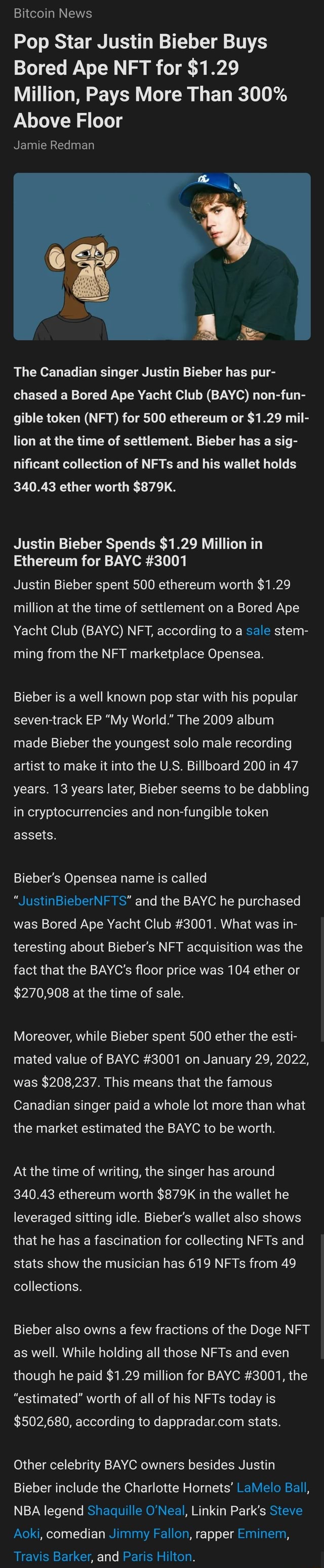 Bitcoin News Pop Star Justin Bieber Buys Bored Ape NFT for $1.29 ...