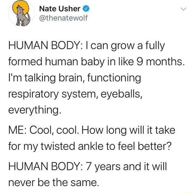 Nate Usher HUMAN BODY: I can grow a fully formed human baby in like 9 ...