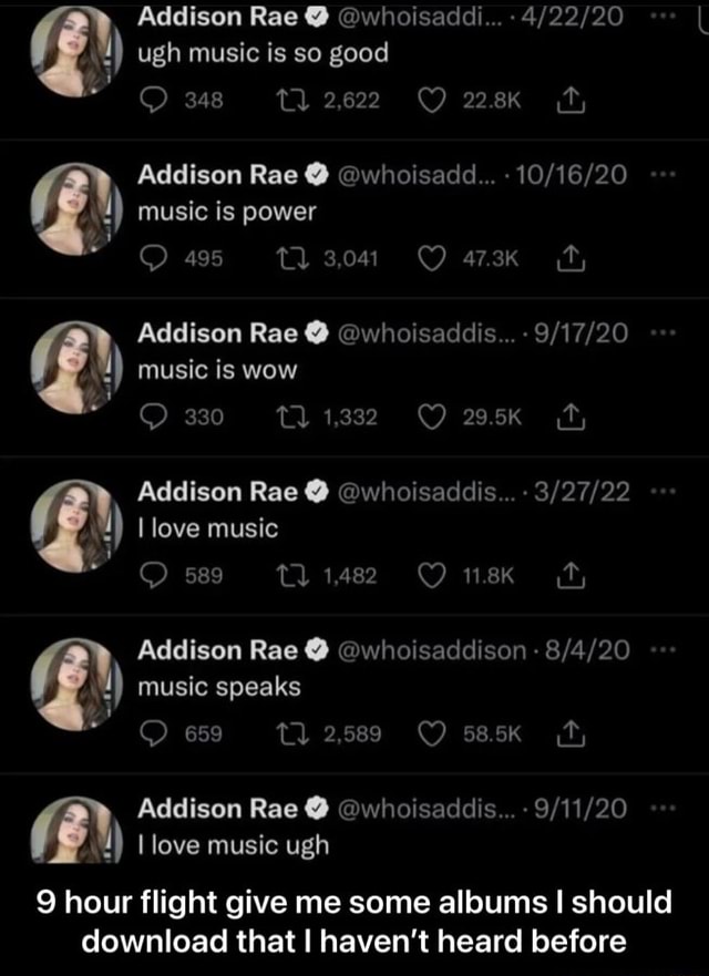 Addison Rae @ @whoisaddi... - ugh music is so good 348 2,622 228K ...