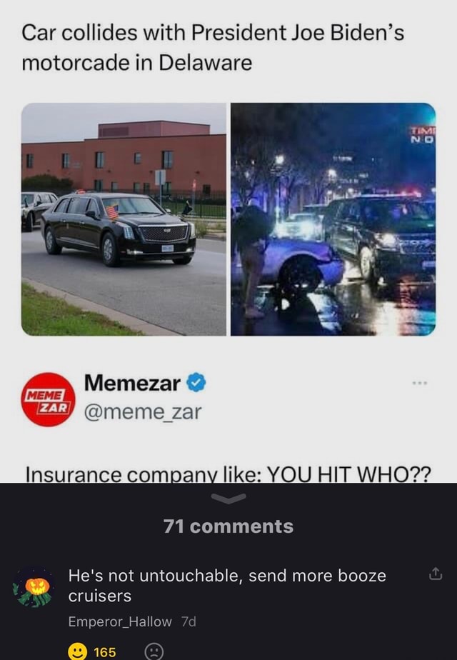 Car collides with President Joe Biden's motorcade in Delaware I MEME ...