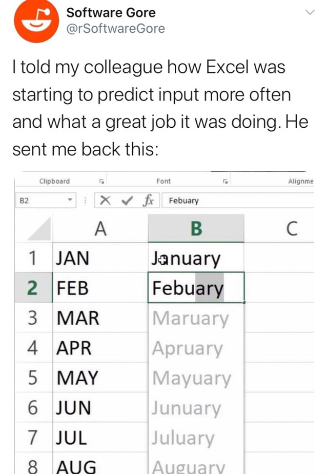 I told my colleague how Excel was starting to predict input more often ...