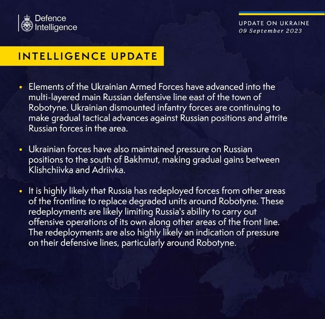 Ministry of Defence UK daily Ukraine update 09092023 - UPDATE ON ...