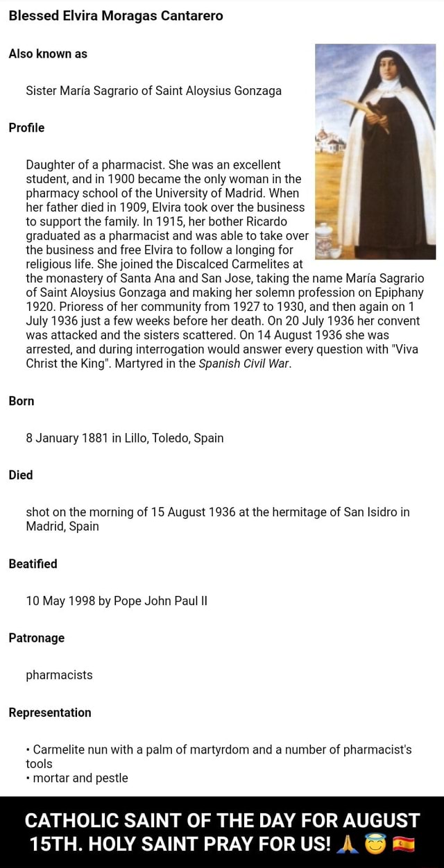 Blessed Elvira Moragas Cantarero Also known as Sister Maria Sagrario of ...