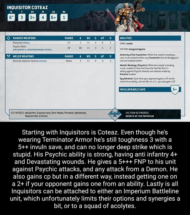 INQUISITOR COTEAZ MELEE RANGED WEAPONS RANGE BS ABILITIES CORE: Leader FACTION: Assigned Agents ...