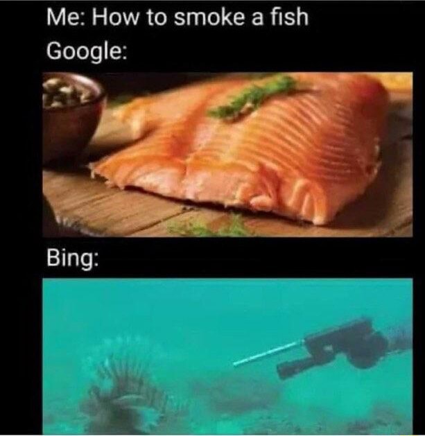 Me: How to smoke a fish Google: Bing: - iFunny