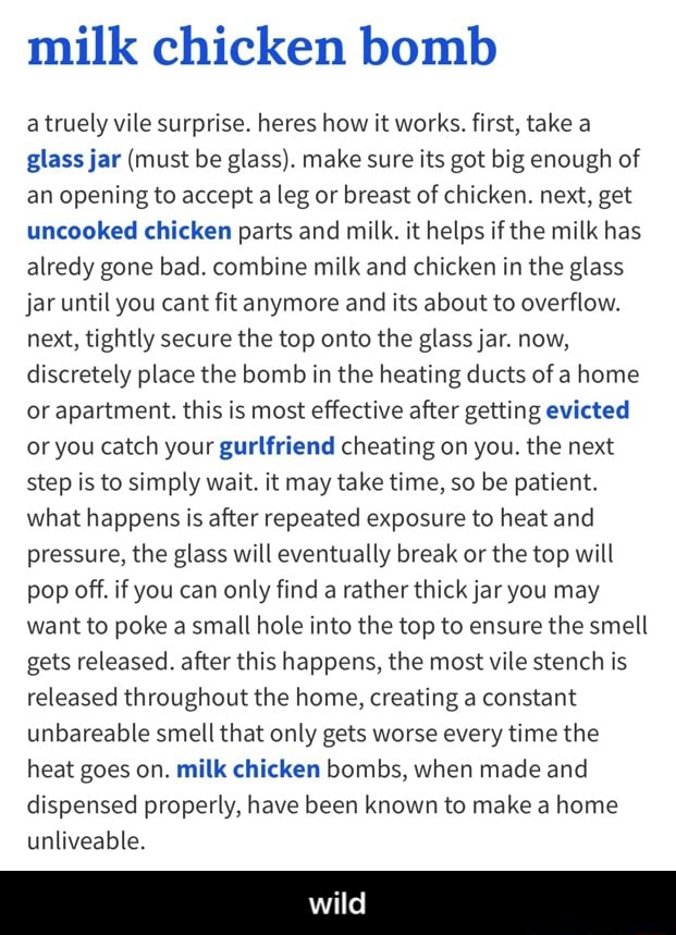Milk chicken bomb a truely vile surprise. heres how it works. first ...