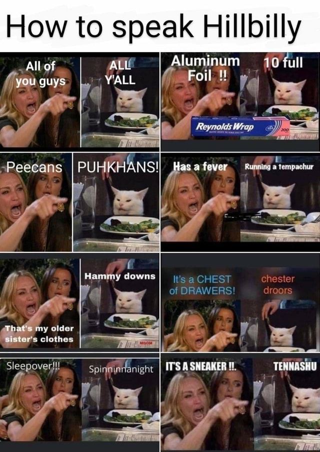 How to speak Hillbilly All you guys Y'ALL ill Peedans PUH KHANS! las a ...