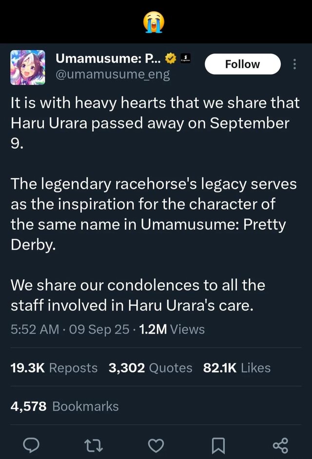 Follow @umamusume eng It is with heavy hearts that we share that Haru Urara passed away on ...