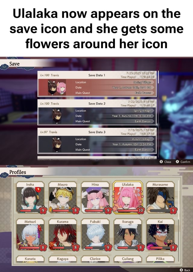 Ulalaka now appears on the save icon and she gets some flowers around ...