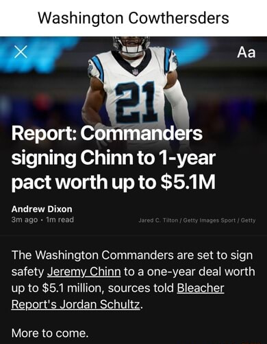 Washington Cowthersders Aa Report: Commanders signing Chinn to 1-year ...