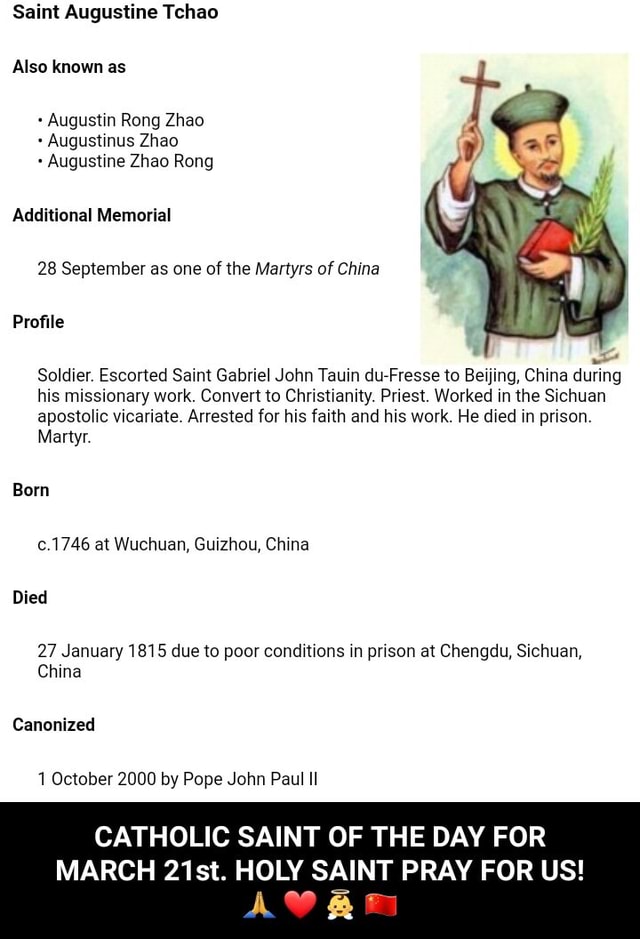 Saint Augustine Tchao Also known as Augustin Rong Zhao Augustinus Zhao ...