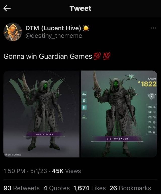Tweet DTM (Lucent Hive) @destiny_thememe Gonna win Guardian Games PM ...
