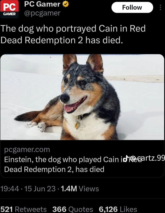 PC Gamer PC GAMER Follow) The dog who portrayed Cain in Red Dead ...