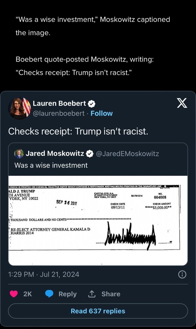 "Was a wise investment," Moskowitz captioned the image. Boebert quote ...