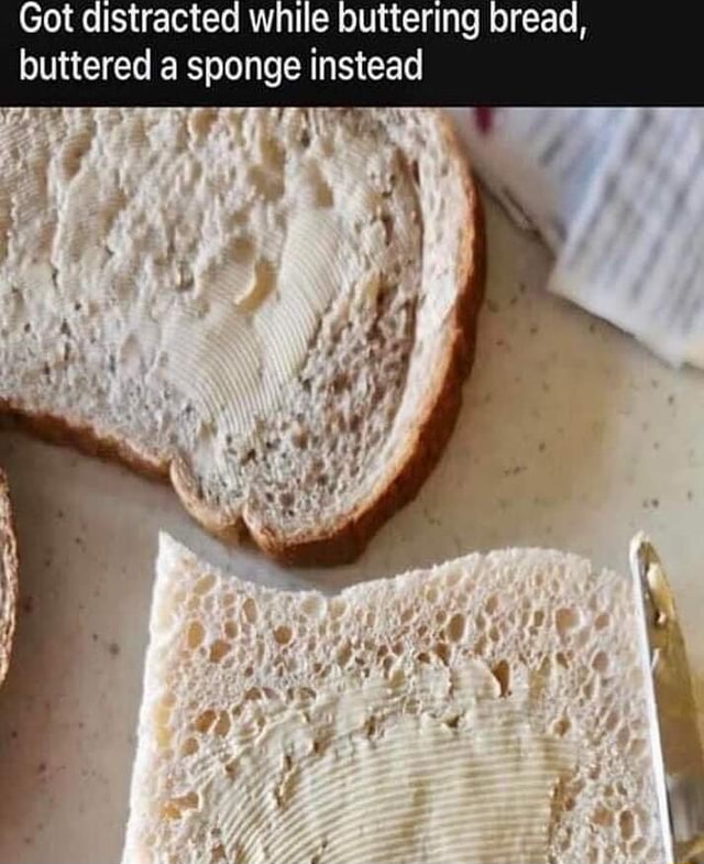 Got distracted while buttering bread, buttered a sponge instead - iFunny