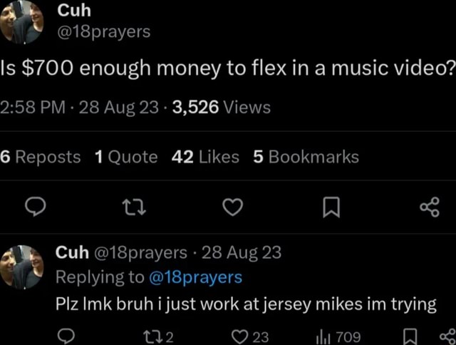 Is $700 enough money to flex in a music video? PM 28 Aug 23 - 3,526 ...