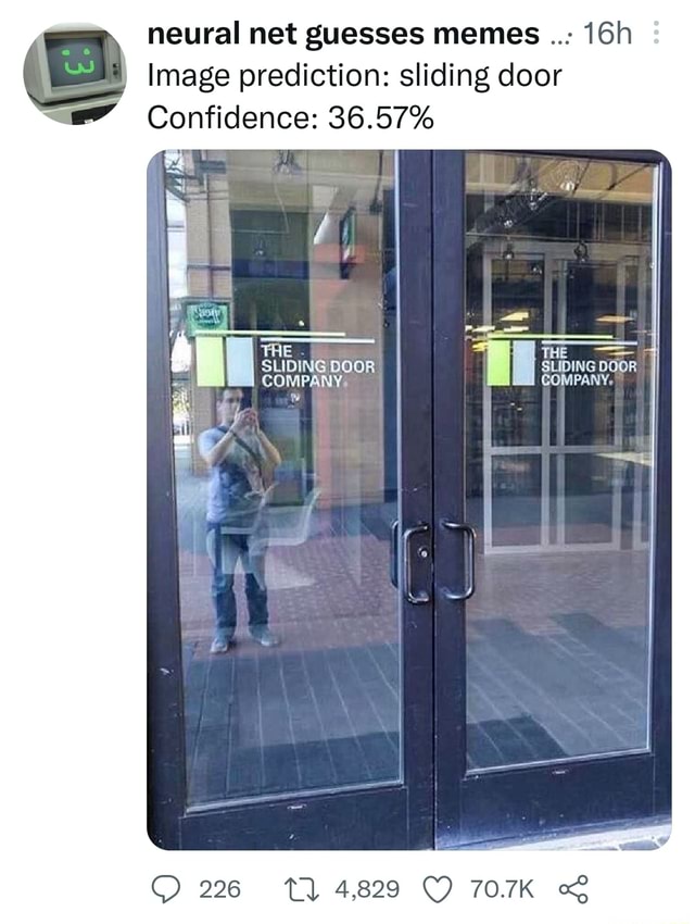 Neural net guesses memes Image prediction: sliding door Confidence: 36. ...