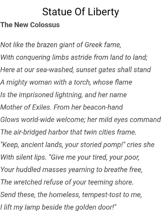 Statue Of Liberty The New Colossus Not like the brazen giant of Greek ...