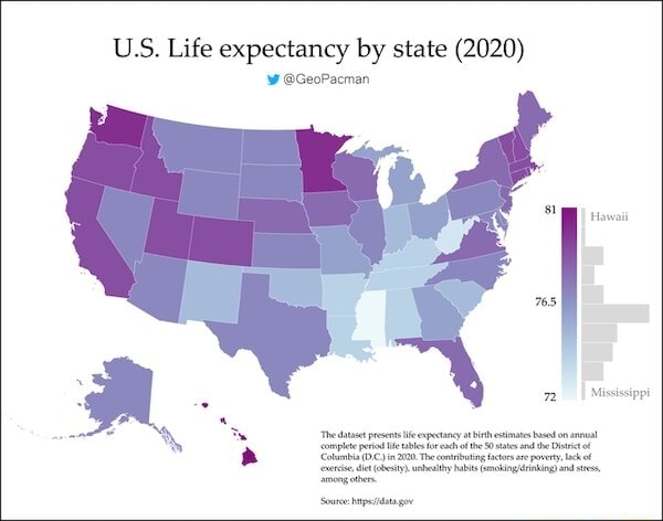 US. Life expectancy by state (2020) @GeoPacman Mississippi 'Tedt ie ...