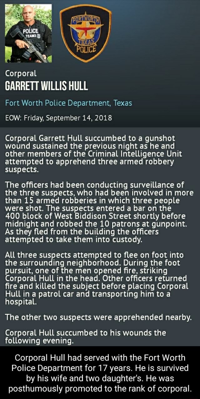 POLICE Corporal GARRETT WILLIS HULL Fort Worth Police Department, Texas ...
