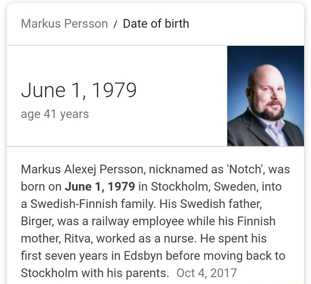 Markus Persson / Date of birth June 1, 1979 age 41 years Markus Alexej ...