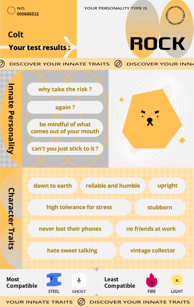 NO. YOUR PERSONALITY TYPE IS 000666522 3 Colt Your test results : in O ...
