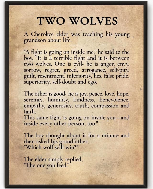 The one you feed.. - TWO WOLVES A Cherokee elder was teaching his young ...