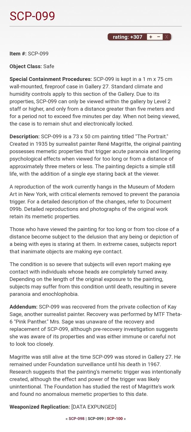 Special Containment Procedures: SCP-099 is kept ina 1 mx 75cm wall ...