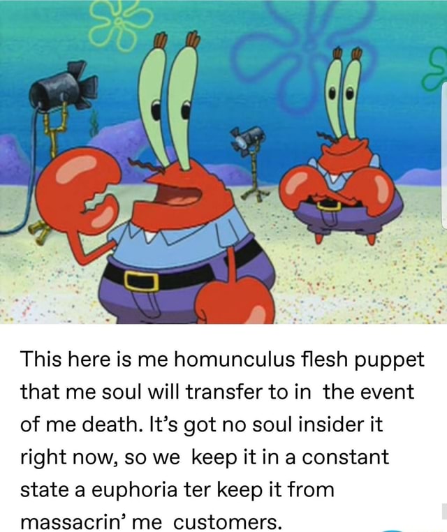 This here is me homunculus flesh puppet that me soul will transfer to ...